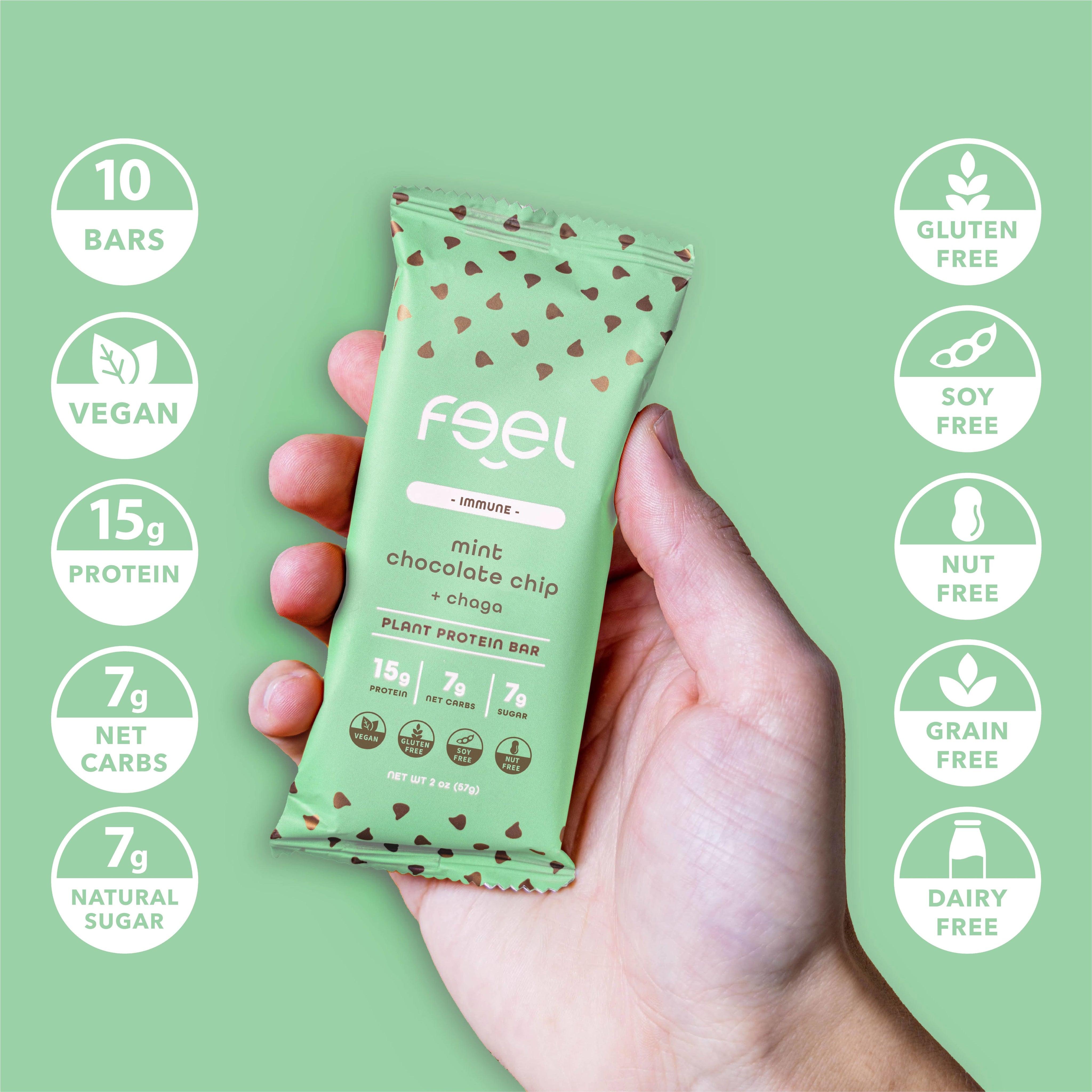 Feel Bars - Mint Chocolate Chip - Functional Plant Protein Bars (10 ...